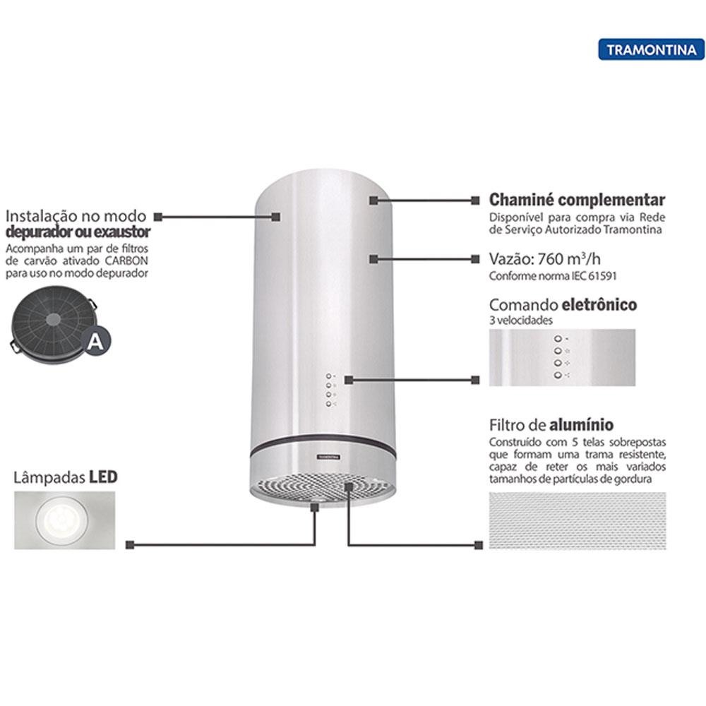 Coifa de Ilha Tramontina Tube Isla Redonda em Aço Inox 35 cm 220 V ...